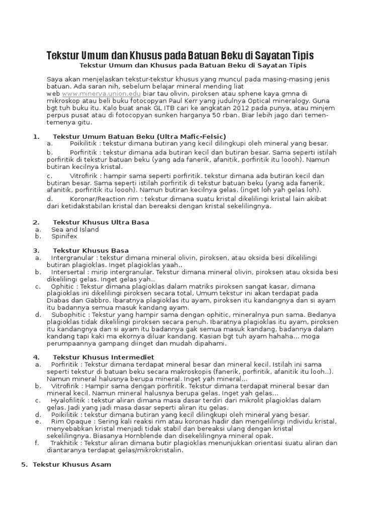 Tekstur Umum Dan Khusus Pada Batuan Beku Di Sayatan Tipis | PDF