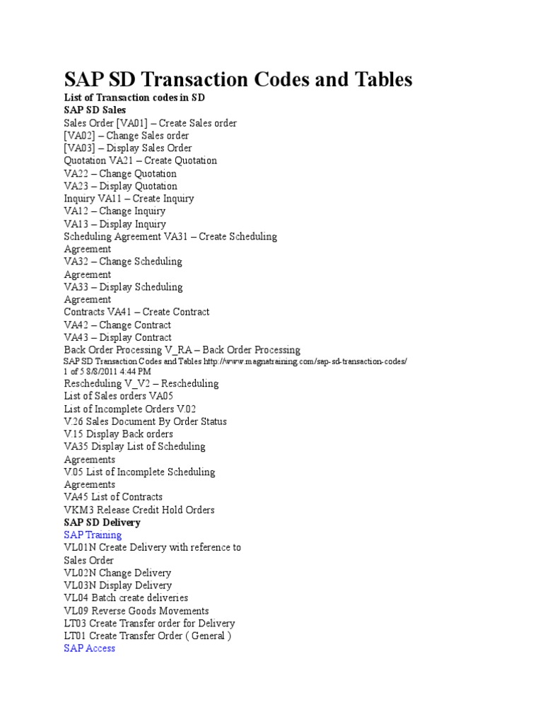 SAP SD Transaction Codes and Tables | PDF