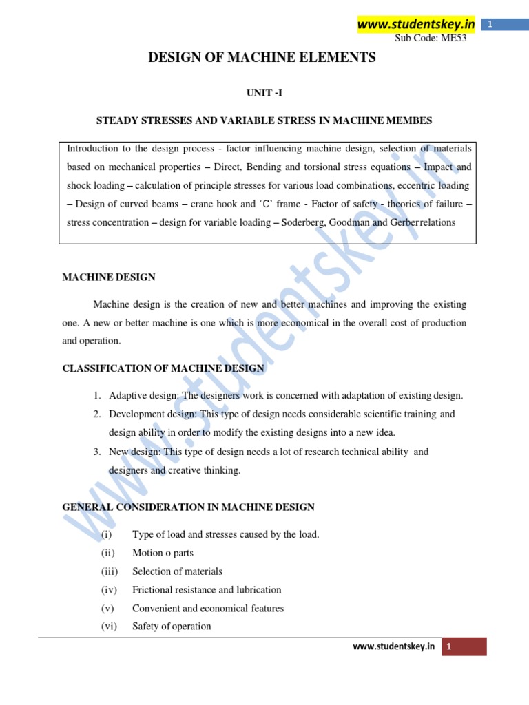 Design of Machine Elements: Unit - I Steady Stresses and Variable ...