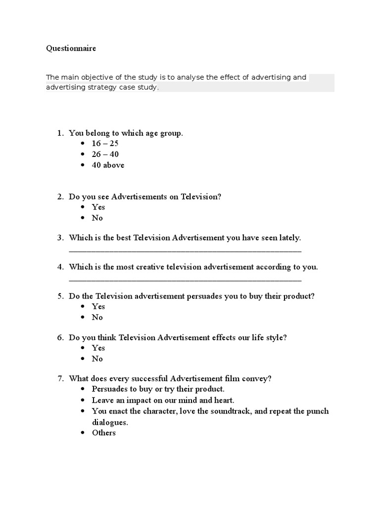 Questionnaire | PDF | Television Advertisement | Advertising
