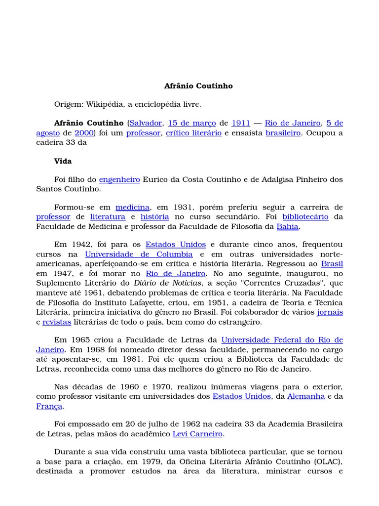 Afrânio Coutinho biografia crítico literário Brasil | PDF