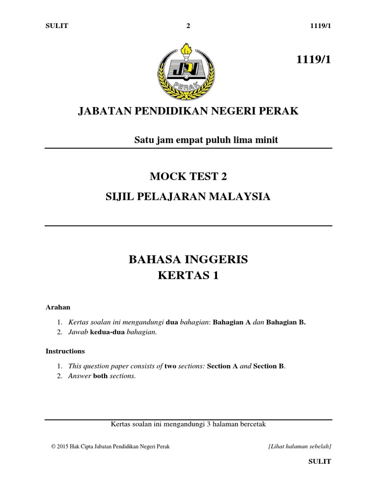 2015 SPM Trial Paper English (Paper 1) Perak | PDF