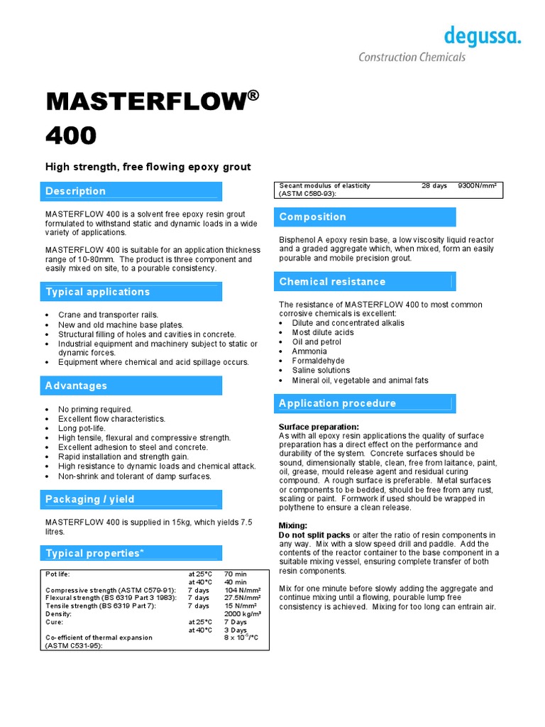 TDS - Masterflow 400 | PDF | Epoxy | Strength Of Materials