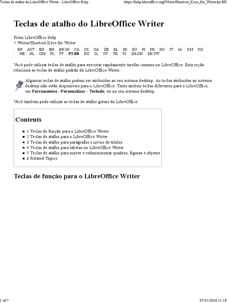Teclas De Atalho Do Libreoffice Writer Libreoffice Help Pdf