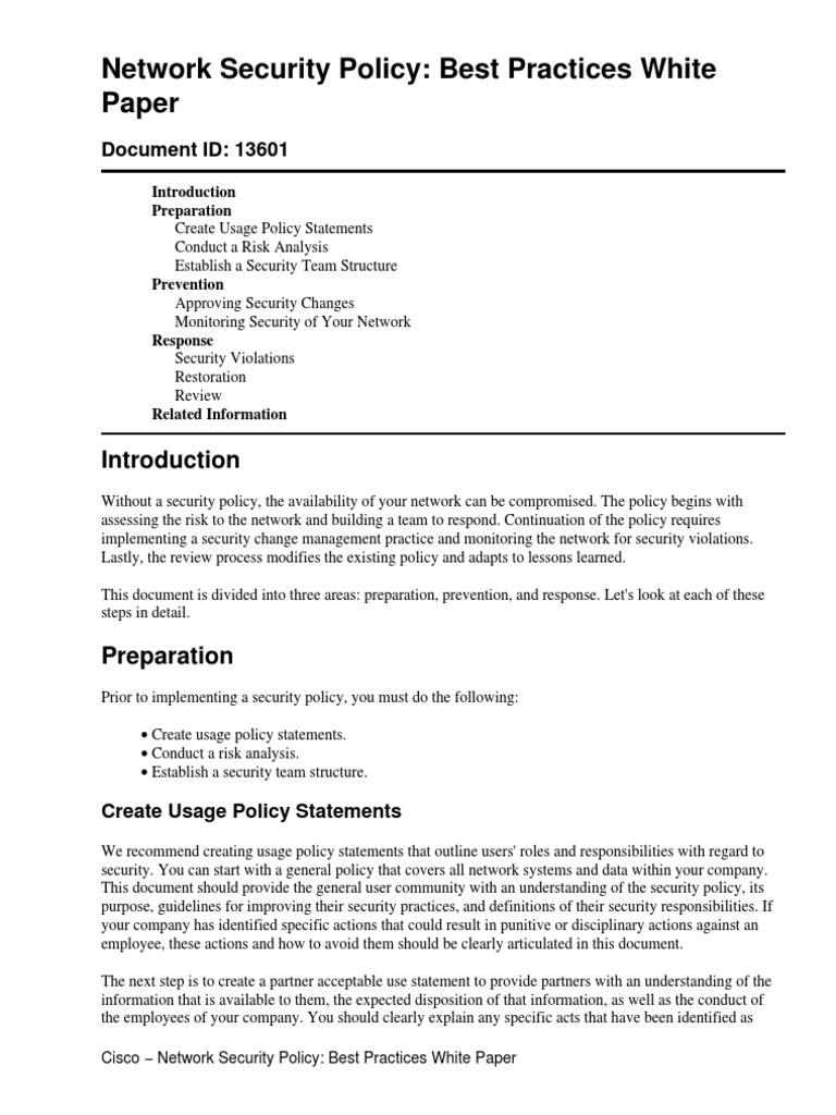 CISCO Best Practices White Paper - Network Security Policy | PDF | Computer Security | Security