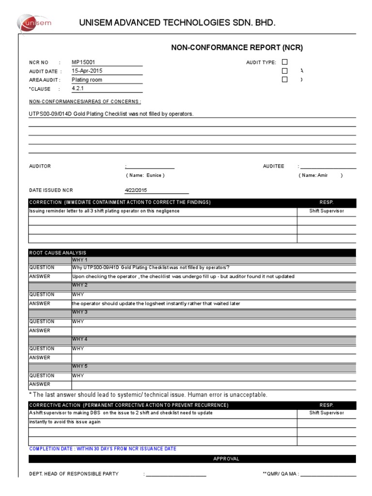 Unisem Advanced Technologies Sdn. BHD.: Non-Conformance Report (NCR) | PDF