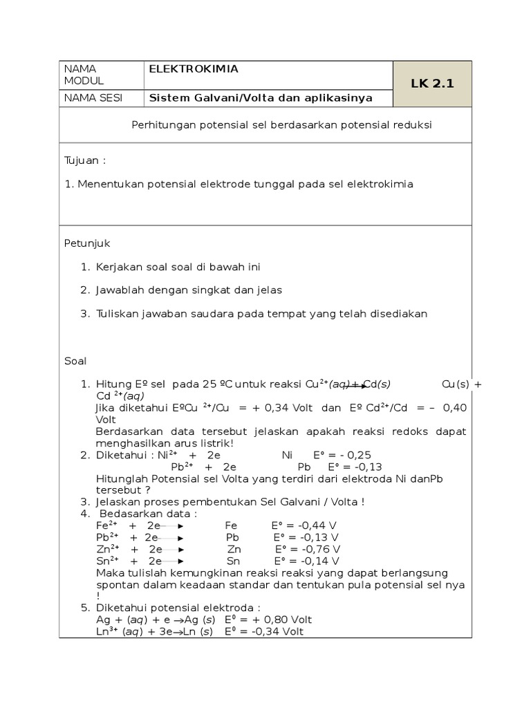 LK 2.1 Perhitungan Potensial Sel Berdasarkan Potensial Reduksi | PDF