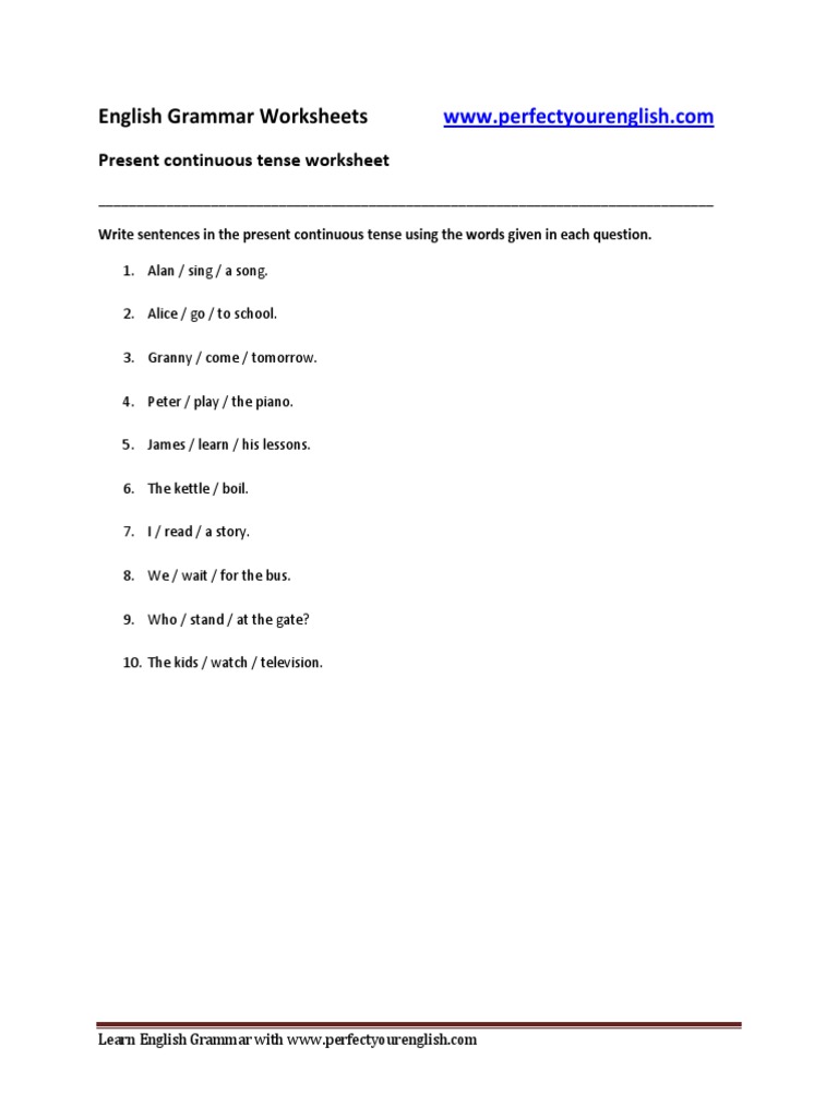 Present Continuous Tense Worksheet | PDF