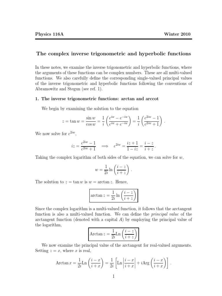 The Complex Inverse Trigonometric and Hyperbolic Functions | PDF | Lie ...