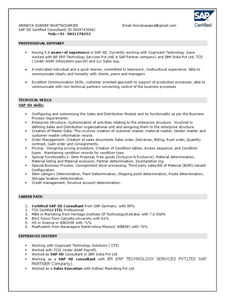 CV Anindya Sunder Bhattacharjee Sap SD | PDF | Sap Se | Business Process