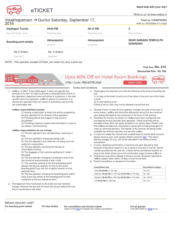 RedBus Ticket 100624073 | PDF | Ticket (Admission) | Bus