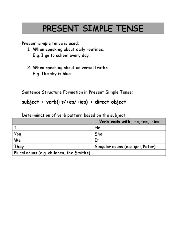 Present Simple Tense: Subject + Verb (+s/+es/+ies) + Direct Object | PDF