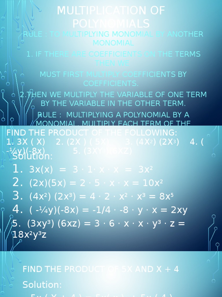 Multiplication of Monomials, Binomials and Polynomials | PDF