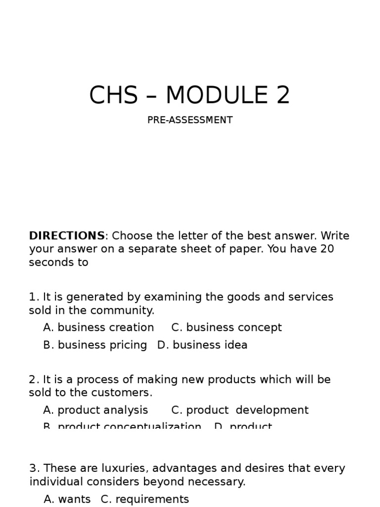 CHS Module 2 Pre-Assessment Quiz | PDF | Business