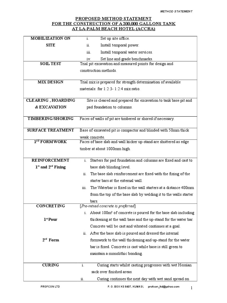 Method Statement for Tank Construction | PDF | Concrete | Column