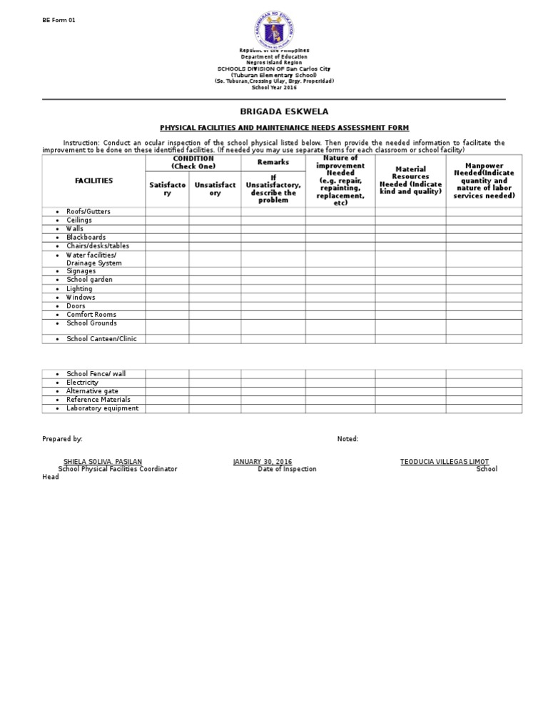 BE Form 1 - PHYSICAL FACILITIES AND MAINTENANCE NEEDS ASSESSMENT FORM ...