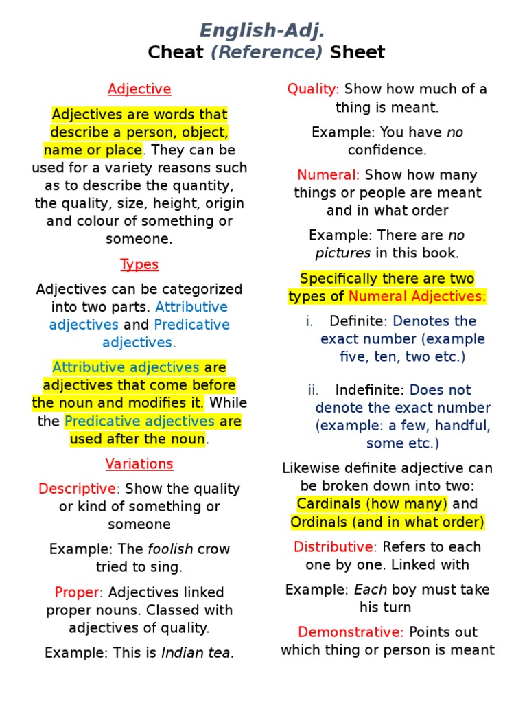 English Adjectives Cheat Sheet | PDF