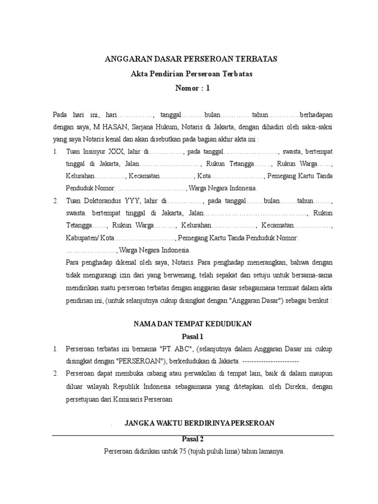 Contoh Akta Notaris Pendirian Anggaran Dasar Perseroan T PDF | PDF