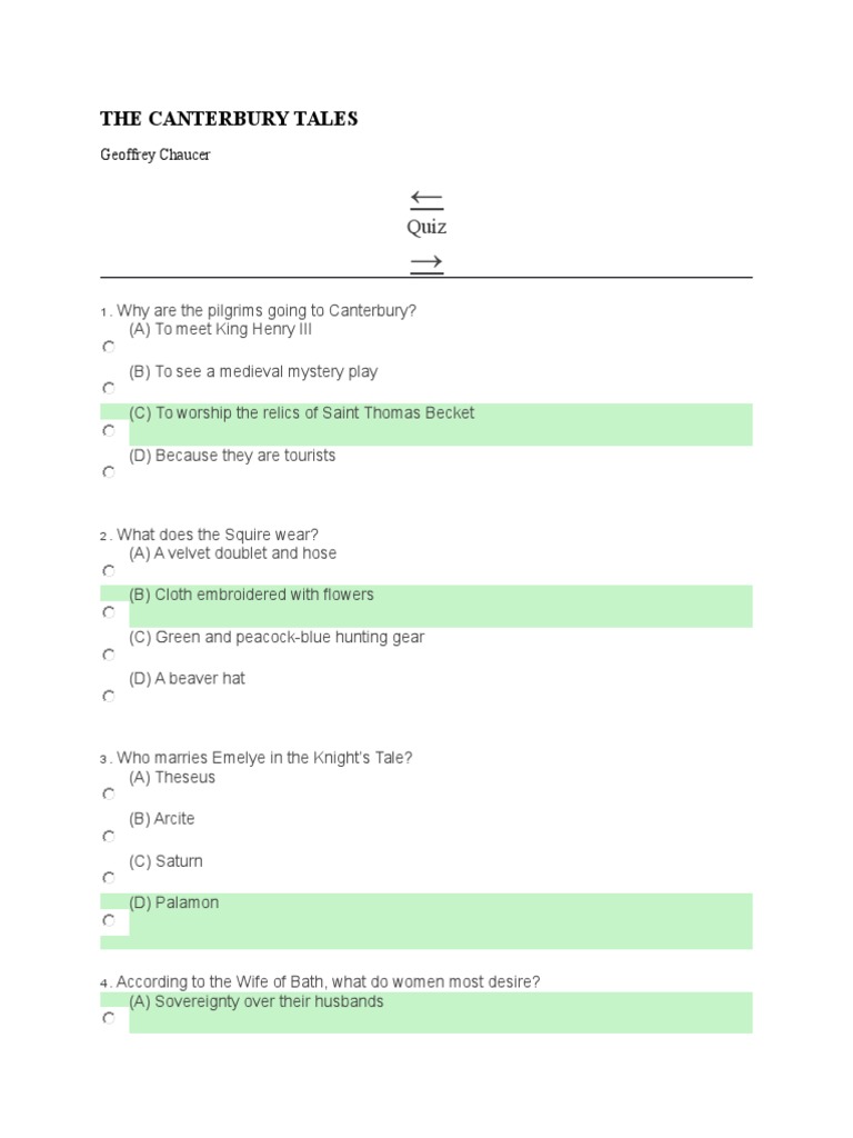 Quiz | PDF | The Canterbury Tales | Frame Stories