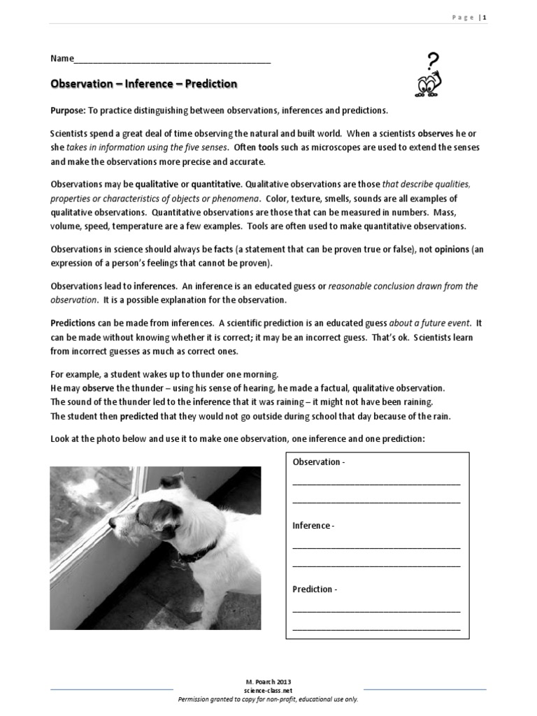 Observation And Inference Worksheets Obs Inf Worksheet 2013 | PDF