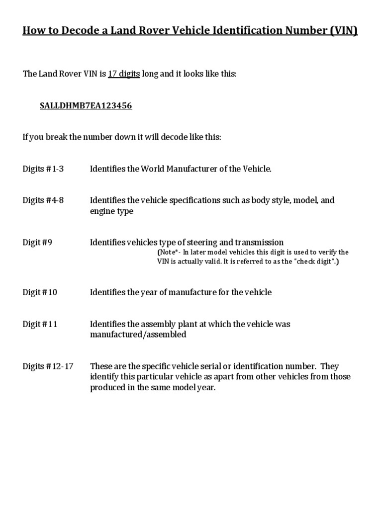 Decoding Land Rover VINs Explained | PDF | Motor Vehicle Manufacturers ...