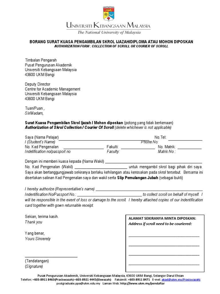Borang Surat Kuasa Pengambilan Skrol Ijazah PDF | PDF