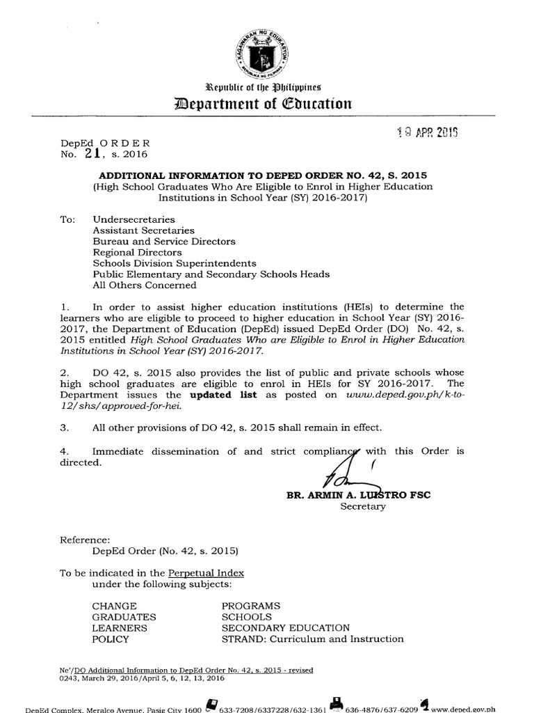 DO - s2016 - 21 Additional Information To DepEd Order No. 42, S. 2015 ...