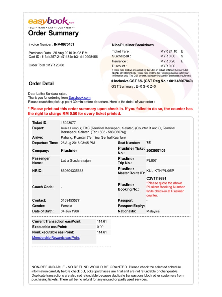 Order Summary | PDF | Ticket (Admission) | Transport