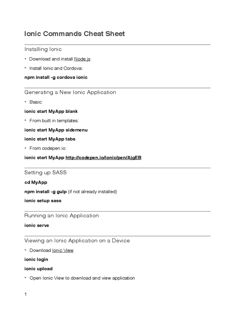 Ionic Commands Cheat Sheet | PDF