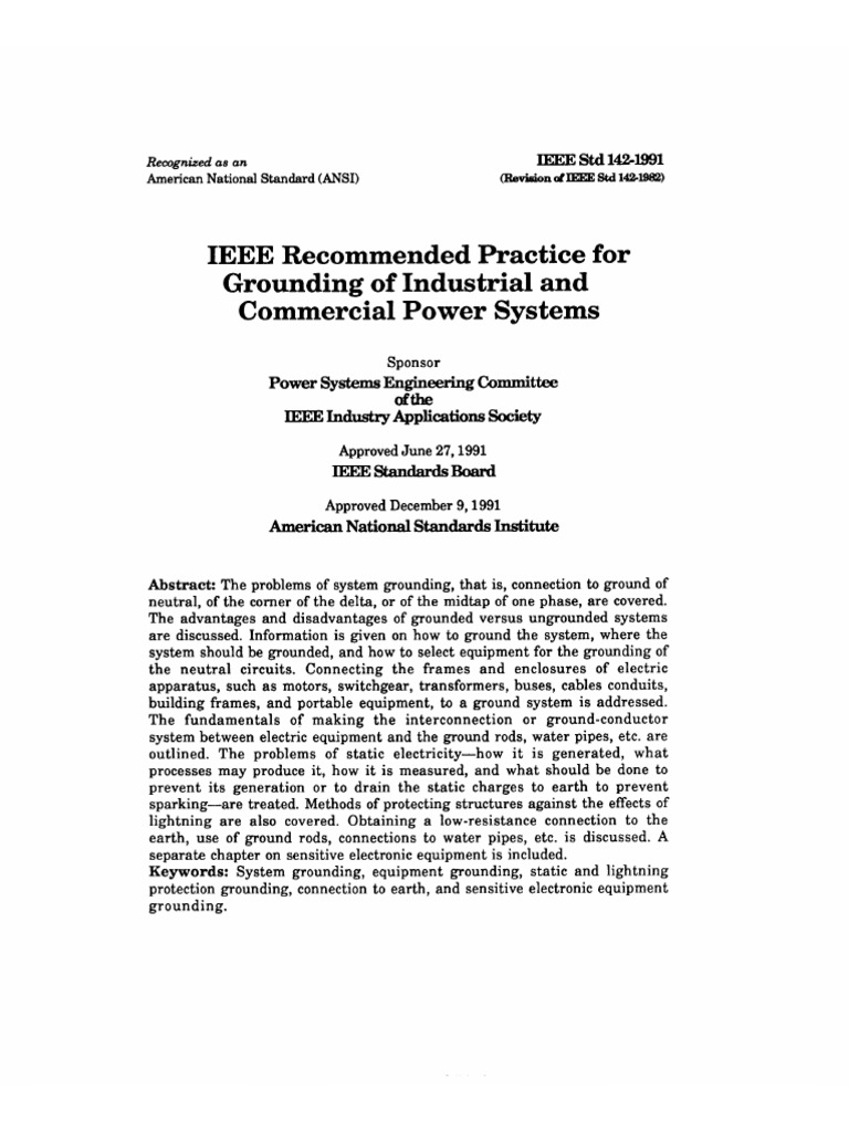 IEEE STD 142-1991 IEEE Recommended Practice For Grounding of Industrial ...