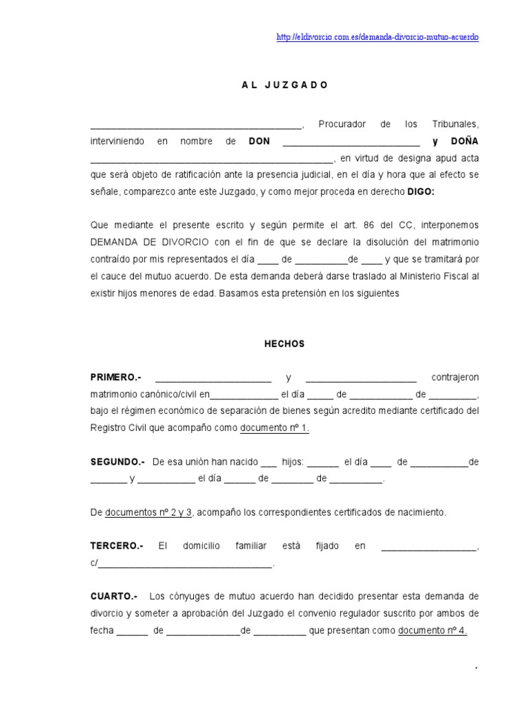 Modelo Demanda Divorcio Mutuo Acuerdo | Divorcio | Demanda judicial