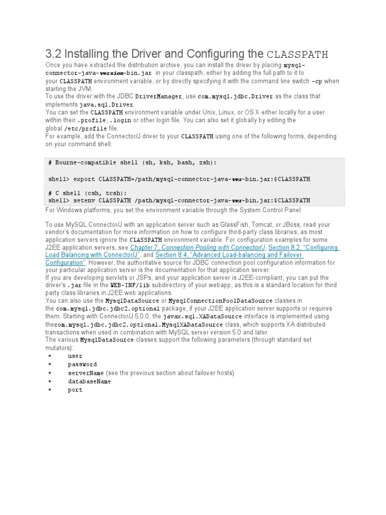 3.2 Installing The Driver and Configuring The: Classpath | PDF | Application Server | Command ...