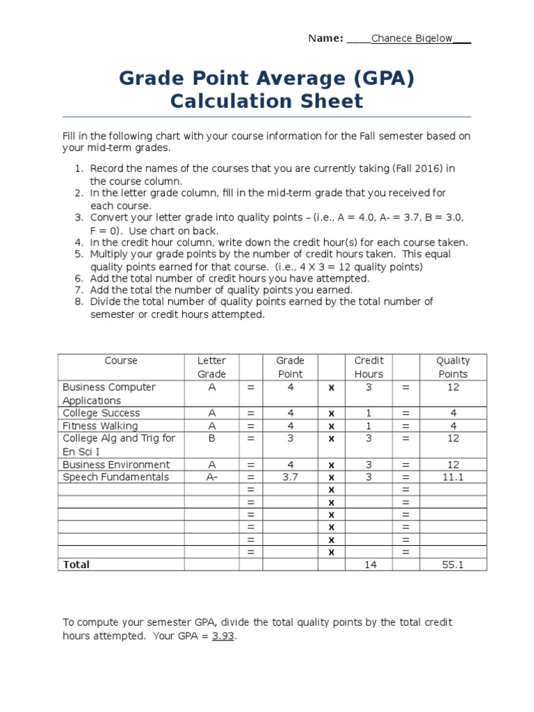 Gpa Calculation Sheet | PDF