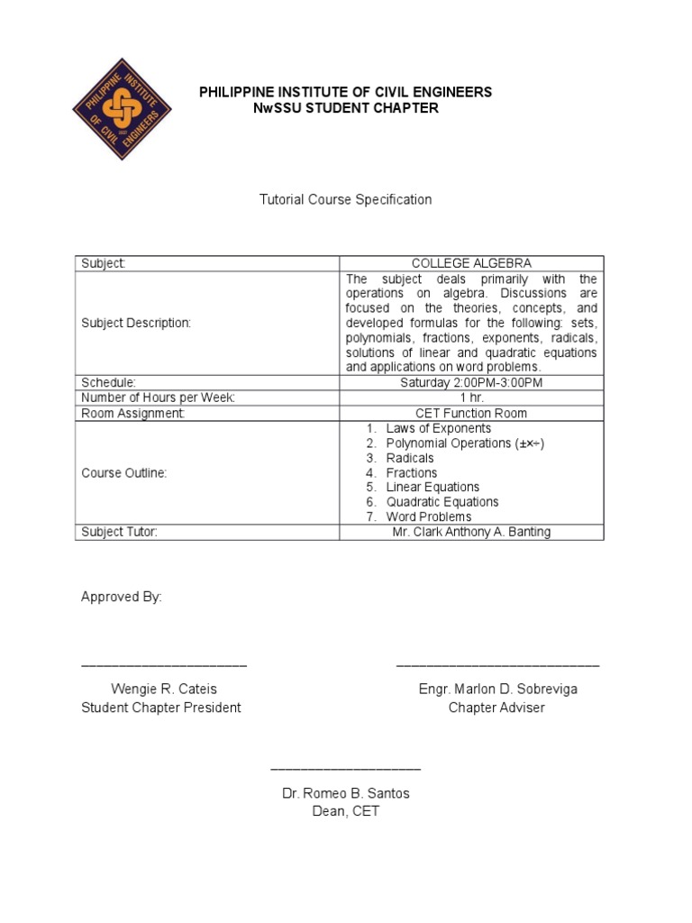 Tutorial Course Specification: Philippine Institute of Civil Engineers ...