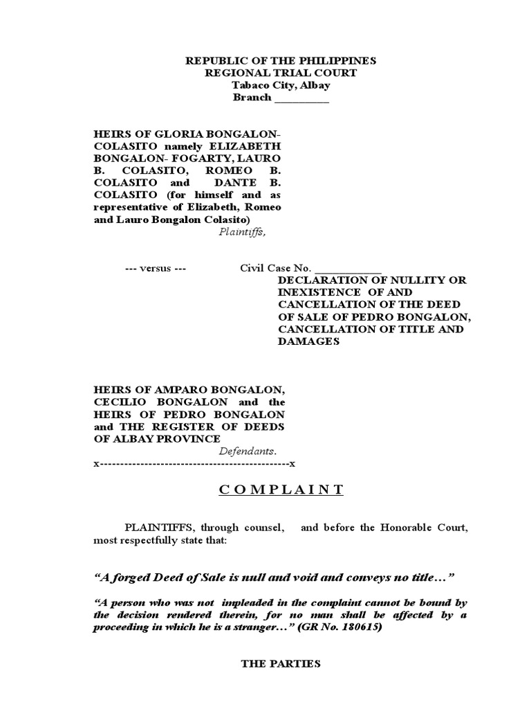 Declaration of Nullity Bongalon | Deed | Lawsuit