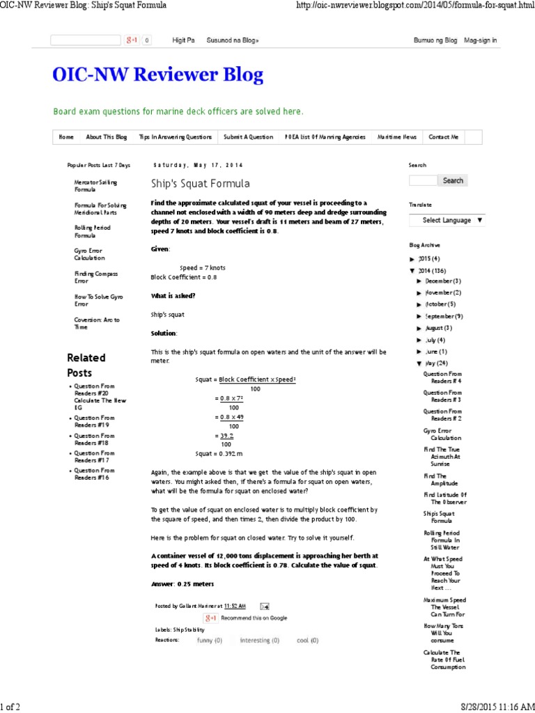OIC-NW Reviewer Blog - Ship's Squat Formula | PDF | Ships | Water Transport