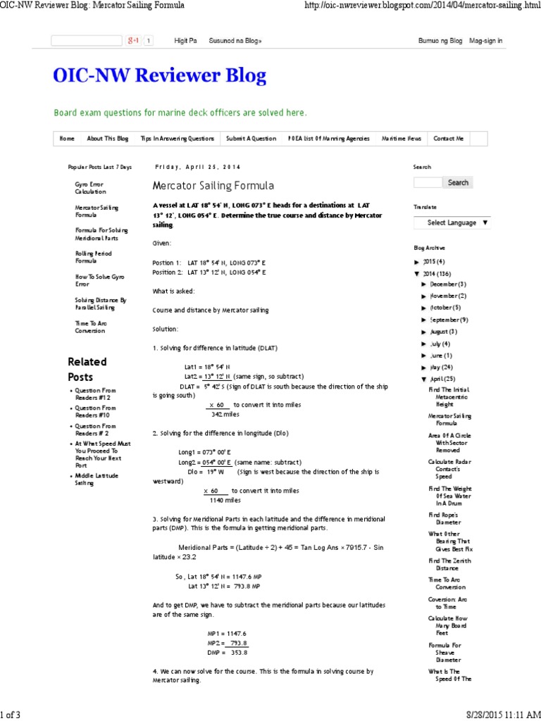 OIC-NW Reviewer Blog_ Mercator Sailing Formula | Latitude | Navigation