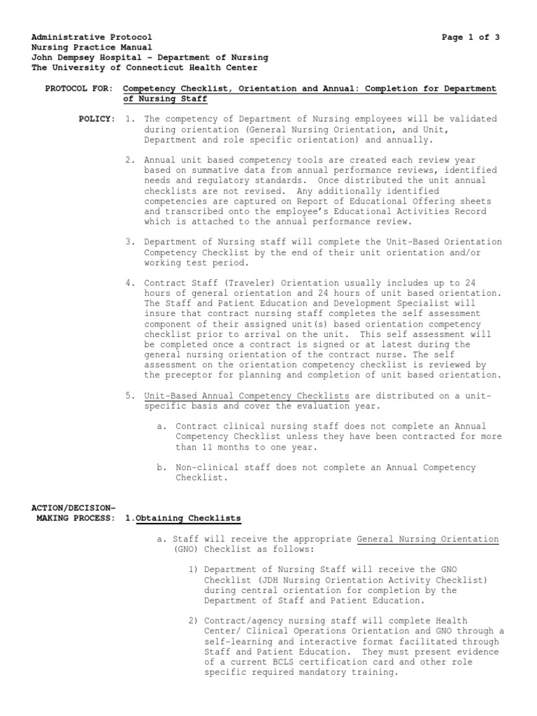 Competency Checklist - Orientation and Annual PDF | PDF | Nursing ...