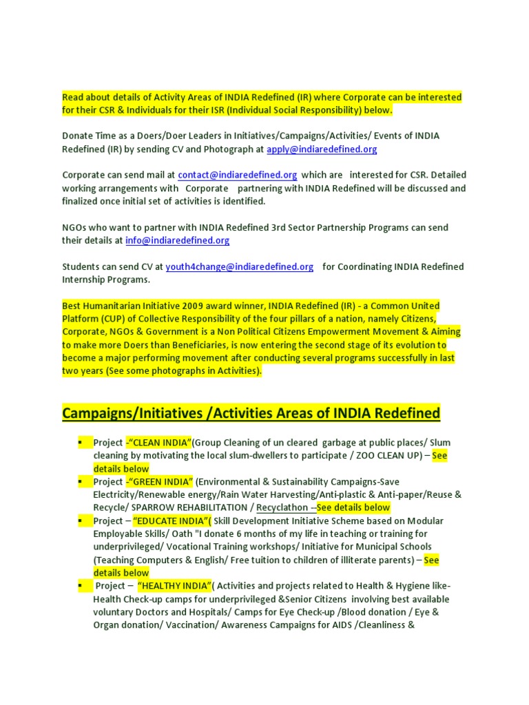 Campaigns/Initiatives /activities Areas of INDIA Redefined | PDF ...