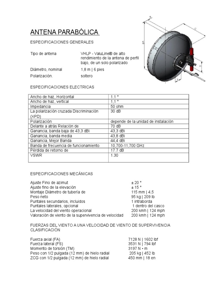 Especificaciones de Antena Parabólica | PDF | Antena (Radio) | Electricidad