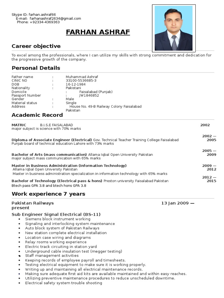 Electrical Supervisor CV | PDF | Cable | Pakistan