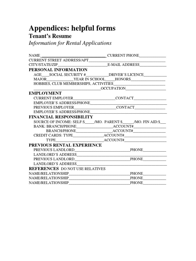 Appendices: Helpful Forms: Tenant's Resume | PDF