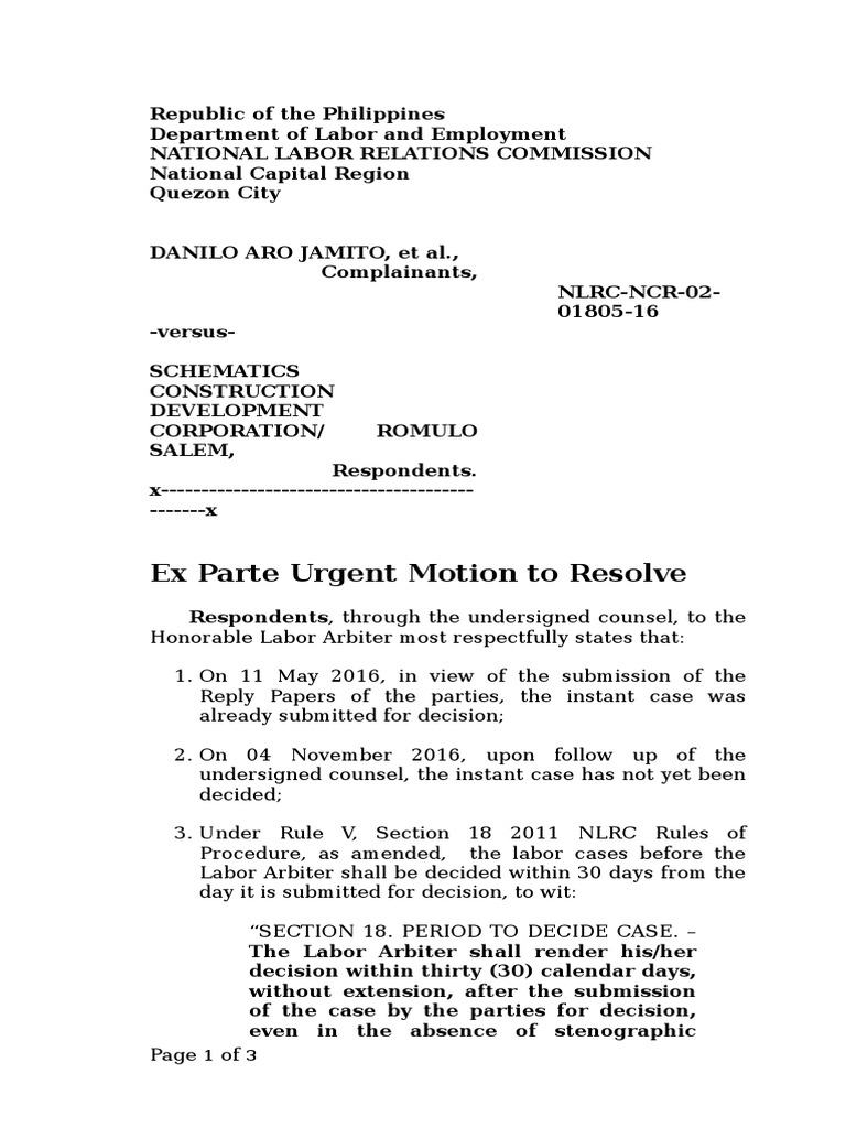 Ex Parte Urgent Motion To Resolve | PDF