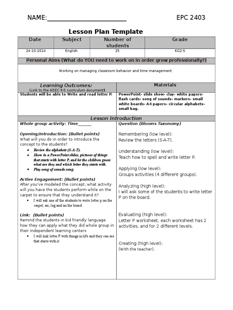 Lesson Plan Template Letter P | PDF | Sharing | Lesson Plan