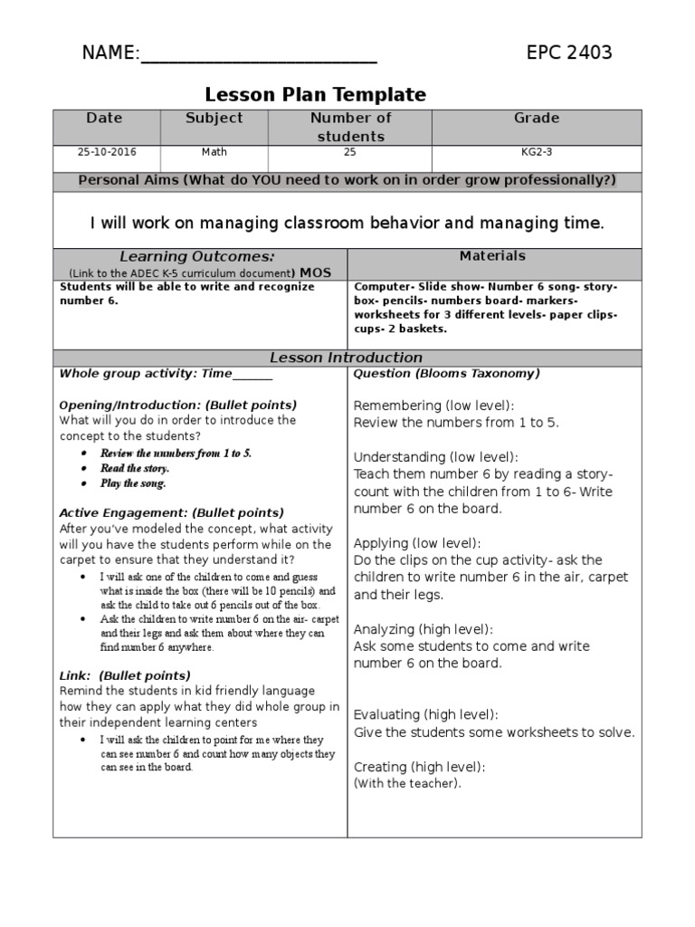 Lesson Plan Template Number 6 1 | PDF | Lesson Plan | Applied Psychology