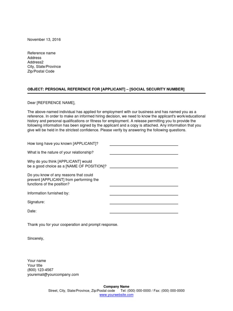 Personal Reference Check Letter | PDF