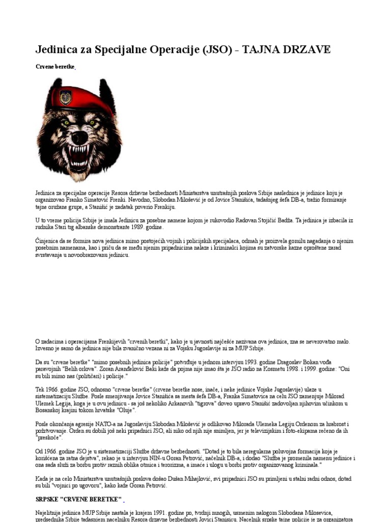Jedinica Za Specijalne Operacije JSO | PDF