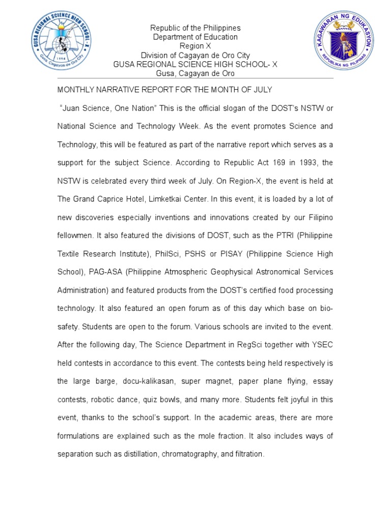 Monthly Narrative Report For The Month of July | PDF | Solution | Mixture