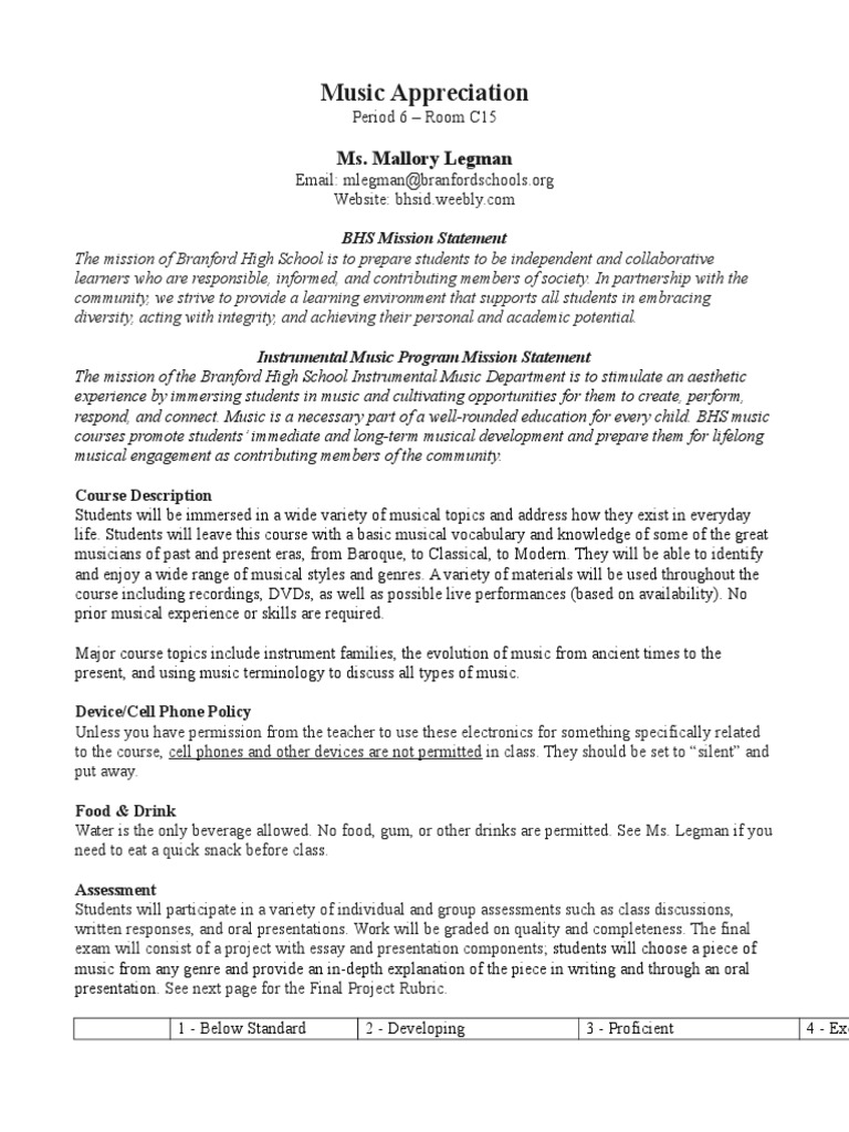 Music Appreciation Syllabus | PDF | Essays | Communication