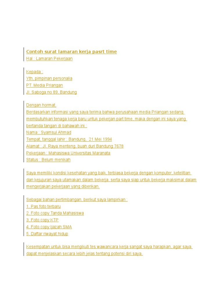 Contoh Surat Lamaran Kerja Part Time | PDF